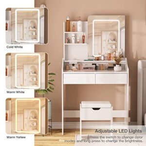 Vabches Vanity Desk with LED Light Mirror and Charging Station, Small Cute Vanity Set with 4 Storage Shelves 2 Drawers, Vanity for Girls Women with Storage Stool, Vanity Table for Bedroom (White)