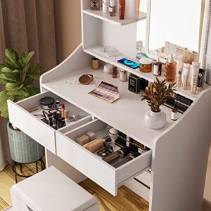 Vabches Vanity Desk with LED Light Mirror and Charging Station, Small Cute Vanity Set with 4 Storage Shelves 2 Drawers, Vanity for Girls Women with Storage Stool, Vanity Table for Bedroom (White)