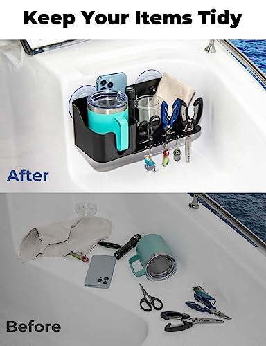 KEMIMOTO Boat Caddy Organizer, Boat Cup Holder Installed with Screws/Suction Cups On Any Flat Surface, Boat Storage Organizer, Cockpit Storage Box for Bass Boat Kayak Pontoon Jon Boat