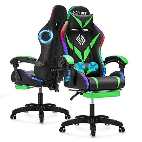 Gaming Chair with Bluetooth Speakers and RGB LED Lights Ergonomic Massage Computer Gaming Chair with Footrest Video Game Chair High Back with Lumbar Support Light Green and Black