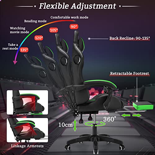 Gaming Chair with Bluetooth Speakers and RGB LED Lights Ergonomic Massage Computer Gaming Chair with Footrest Video Game Chair High Back with Lumbar Support Light Green and Black