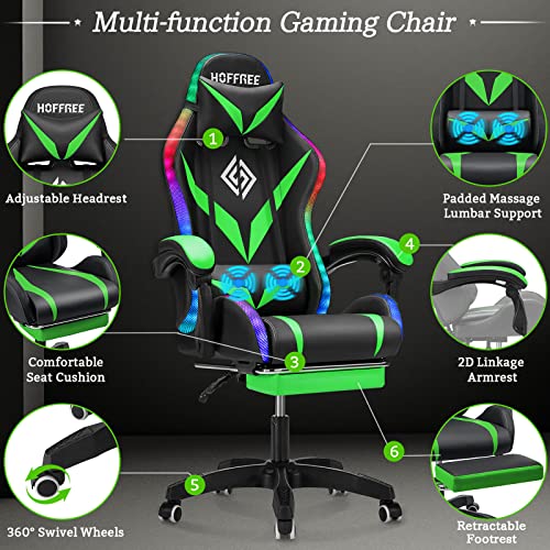 Gaming Chair with Bluetooth Speakers and RGB LED Lights Ergonomic Massage Computer Gaming Chair with Footrest Video Game Chair High Back with Lumbar Support Light Green and Black