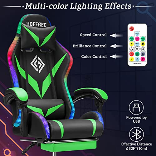 Gaming Chair with Bluetooth Speakers and RGB LED Lights Ergonomic Massage Computer Gaming Chair with Footrest Video Game Chair High Back with Lumbar Support Light Green and Black