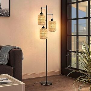 QIYIZM Floor Lamp for Living Room,Bedroom,3-Lights Boho Rattan Tree Floor Lights,Industrial Black Farmhouse Standing Lamp Wicker Rustic Adjustable Tall Lamp,Woven Bamboo LampShade Floor Lamps Bohemian