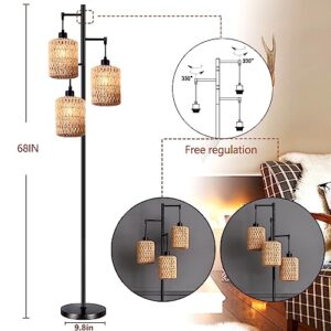 QIYIZM Floor Lamp for Living Room,Bedroom,3-Lights Boho Rattan Tree Floor Lights,Industrial Black Farmhouse Standing Lamp Wicker Rustic Adjustable Tall Lamp,Woven Bamboo LampShade Floor Lamps Bohemian