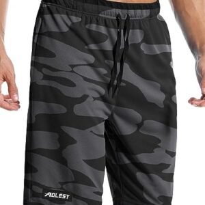 Aolesy Men's Basketball Zipper Pockets 10 inch Athletic Lightweight Mesh Gym Workout Running Shorts, Camoblack, Large