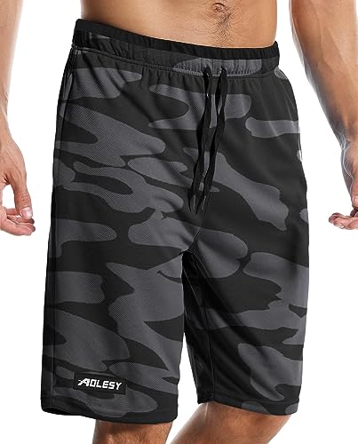 Aolesy Men's Basketball Zipper Pockets 10 inch Athletic Lightweight Mesh Gym Workout Running Shorts, Camoblack, Large