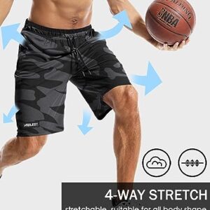 Aolesy Men's Basketball Zipper Pockets 10 inch Athletic Lightweight Mesh Gym Workout Running Shorts, Camoblack, Large