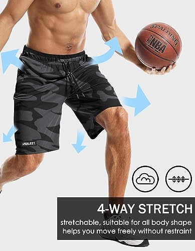 Aolesy Men's Basketball Zipper Pockets 10 inch Athletic Lightweight Mesh Gym Workout Running Shorts, Camoblack, Large