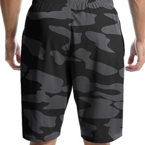 Aolesy Men's Basketball Zipper Pockets 10 inch Athletic Lightweight Mesh Gym Workout Running Shorts, Camoblack, Large