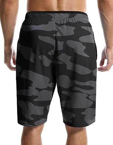 Aolesy Men's Basketball Zipper Pockets 10 inch Athletic Lightweight Mesh Gym Workout Running Shorts, Camoblack, Large