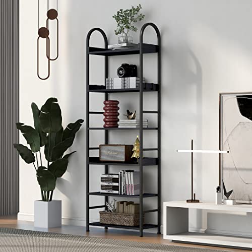 70.8 Inch Tall Bookshelf, 6-tier Bookcase Shelf with Round Top and Hooks, Metal Book Shelf Display Shelf Storage Organizer with MDF Boards & Adjustable Foot Pads for Living Room Home Office, Black