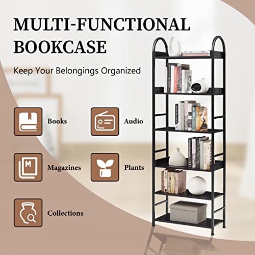 70.8 Inch Tall Bookshelf, 6-tier Bookcase Shelf with Round Top and Hooks, Metal Book Shelf Display Shelf Storage Organizer with MDF Boards & Adjustable Foot Pads for Living Room Home Office, Black