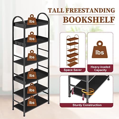 70.8 Inch Tall Bookshelf, 6-tier Bookcase Shelf with Round Top and Hooks, Metal Book Shelf Display Shelf Storage Organizer with MDF Boards & Adjustable Foot Pads for Living Room Home Office, Black