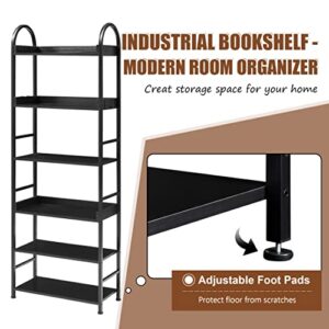 70.8 Inch Tall Bookshelf, 6-tier Bookcase Shelf with Round Top and Hooks, Metal Book Shelf Display Shelf Storage Organizer with MDF Boards & Adjustable Foot Pads for Living Room Home Office, Black