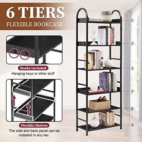 70.8 Inch Tall Bookshelf, 6-tier Bookcase Shelf with Round Top and Hooks, Metal Book Shelf Display Shelf Storage Organizer with MDF Boards & Adjustable Foot Pads for Living Room Home Office, Black