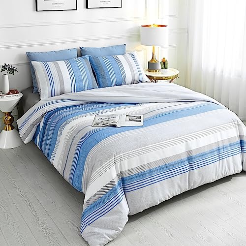 DESIHOM 3 Pieces Modern Duvet Cover Queen Size Geometric Blue Duvet Covers Set Striped Duvet Cover with Zipper Comforter Cover Queen Size