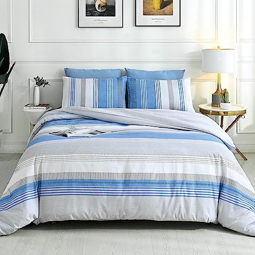 DESIHOM 3 Pieces Modern Duvet Cover Queen Size Geometric Blue Duvet Covers Set Striped Duvet Cover with Zipper Comforter Cover Queen Size