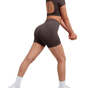 SUUKSESS Open Back Short Sleeve Scrunch Butt Booty Shorts Seamless Ribbed Workout Sets 2 Piece Outfits (#1 Dark Brown, M)