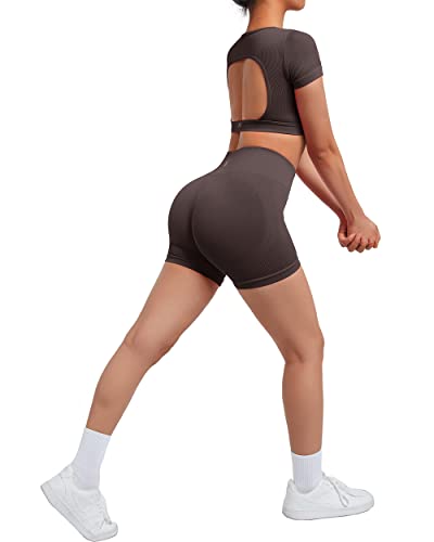 SUUKSESS Open Back Short Sleeve Scrunch Butt Booty Shorts Seamless Ribbed Workout Sets 2 Piece Outfits (#1 Dark Brown, M)