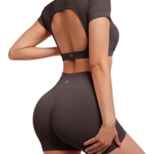 SUUKSESS Open Back Short Sleeve Scrunch Butt Booty Shorts Seamless Ribbed Workout Sets 2 Piece Outfits (#1 Dark Brown, M)