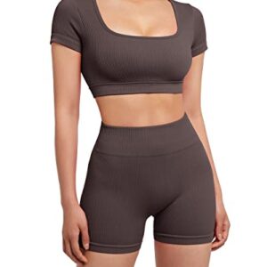 SUUKSESS Open Back Short Sleeve Scrunch Butt Booty Shorts Seamless Ribbed Workout Sets 2 Piece Outfits (#1 Dark Brown, M)