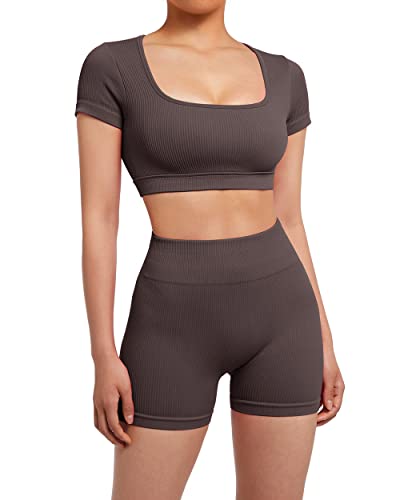 SUUKSESS Open Back Short Sleeve Scrunch Butt Booty Shorts Seamless Ribbed Workout Sets 2 Piece Outfits (#1 Dark Brown, M)