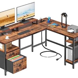 Furologee 66” L Shaped Desk with Power Outlet, Computer Desk with File Drawer & 2 Monitor Stands, Home Office Desk with Storage Shelves, Corner Desk for Gaming Writing, Work Study Table, Rustic Brown