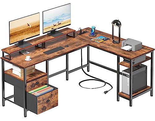 Furologee 66” L Shaped Desk with Power Outlet, Computer Desk with File Drawer & 2 Monitor Stands, Home Office Desk with Storage Shelves, Corner Desk for Gaming Writing, Work Study Table, Rustic Brown