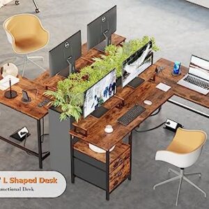 Furologee 66” L Shaped Desk with Power Outlet, Computer Desk with File Drawer & 2 Monitor Stands, Home Office Desk with Storage Shelves, Corner Desk for Gaming Writing, Work Study Table, Rustic Brown