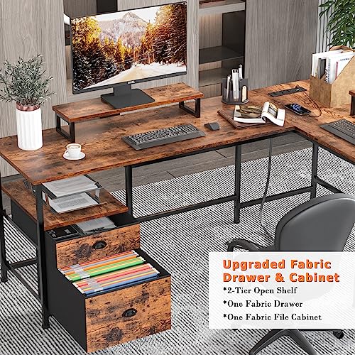 Furologee 66” L Shaped Desk with Power Outlet, Computer Desk with File Drawer & 2 Monitor Stands, Home Office Desk with Storage Shelves, Corner Desk for Gaming Writing, Work Study Table, Rustic Brown