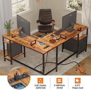 Furologee 66” L Shaped Desk with Power Outlet, Computer Desk with File Drawer & 2 Monitor Stands, Home Office Desk with Storage Shelves, Corner Desk for Gaming Writing, Work Study Table, Rustic Brown