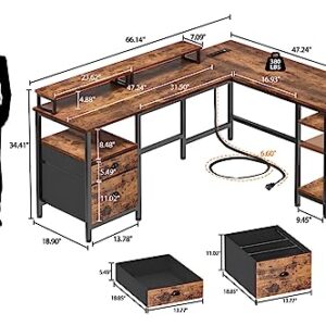 Furologee 66” L Shaped Desk with Power Outlet, Computer Desk with File Drawer & 2 Monitor Stands, Home Office Desk with Storage Shelves, Corner Desk for Gaming Writing, Work Study Table, Rustic Brown