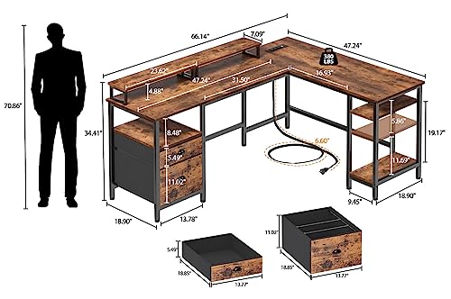 Furologee 66” L Shaped Desk with Power Outlet, Computer Desk with File Drawer & 2 Monitor Stands, Home Office Desk with Storage Shelves, Corner Desk for Gaming Writing, Work Study Table, Rustic Brown