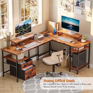 Furologee 66” L Shaped Desk with Power Outlet, Computer Desk with File Drawer & 2 Monitor Stands, Home Office Desk with Storage Shelves, Corner Desk for Gaming Writing, Work Study Table, Rustic Brown