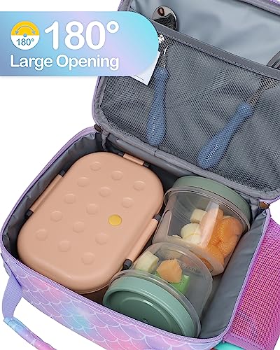 Bagseri Kids Lunch Box Insulated - Lunch Bag for Girls with Buckle Handle and Cup Holder - Portable Reusable Toddler Leak-proof Lunchbox for School and Daycare, Glitter Blue, Mermaid