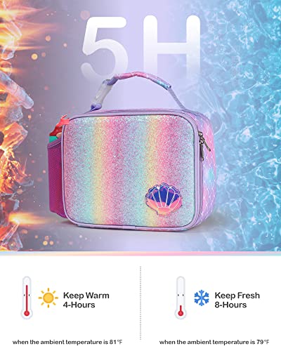 Bagseri Kids Lunch Box Insulated - Lunch Bag for Girls with Buckle Handle and Cup Holder - Portable Reusable Toddler Leak-proof Lunchbox for School and Daycare, Glitter Blue, Mermaid