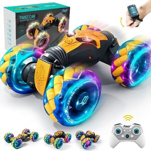 1:12 gesture sensing rc stunt car toys 2.4ghz rotating wall climbing twist 4wd large remote control car toys off road monster truck 360° flips lights with music drift rc car for boys age 8-12, yellow