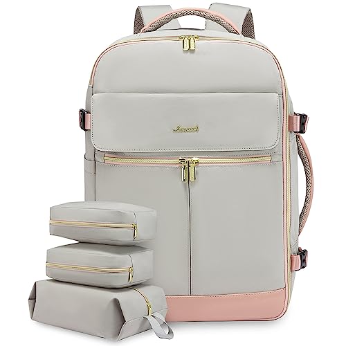 LOVEVOOK Carry On Backpack, 40L Travel Backpack Women with 3 Packing Cubes, TSA Airline Approved Suitcase Bag as Personal Item, Waterproof 17 inch Laptop Backpack for Weekender Overnight,Grey Pink