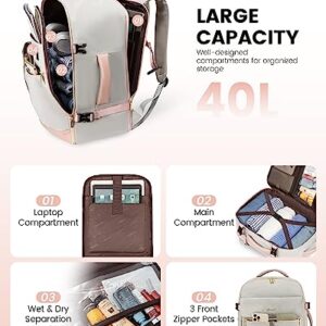 LOVEVOOK Carry On Backpack, 40L Travel Backpack Women with 3 Packing Cubes, TSA Airline Approved Suitcase Bag as Personal Item, Waterproof 17 inch Laptop Backpack for Weekender Overnight,Grey Pink