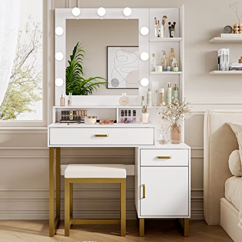 Xilingol Vanity Desk with Mirror & Lights, 37" Vanity Set with Mirror and Stool, Modern Makeup Table W/ 2 Drawers & Cabinet, Vanity for Makeup Room, Bedroom, White