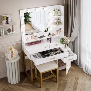 Xilingol Vanity Desk with Mirror & Lights, 37" Vanity Set with Mirror and Stool, Modern Makeup Table W/ 2 Drawers & Cabinet, Vanity for Makeup Room, Bedroom, White