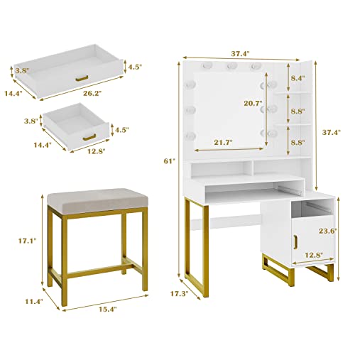 Xilingol Vanity Desk with Mirror & Lights, 37" Vanity Set with Mirror and Stool, Modern Makeup Table W/ 2 Drawers & Cabinet, Vanity for Makeup Room, Bedroom, White