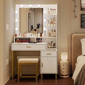 Xilingol Vanity Desk with Mirror & Lights, 37" Vanity Set with Mirror and Stool, Modern Makeup Table W/ 2 Drawers & Cabinet, Vanity for Makeup Room, Bedroom, White