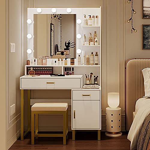 Xilingol Vanity Desk with Mirror & Lights, 37" Vanity Set with Mirror and Stool, Modern Makeup Table W/ 2 Drawers & Cabinet, Vanity for Makeup Room, Bedroom, White