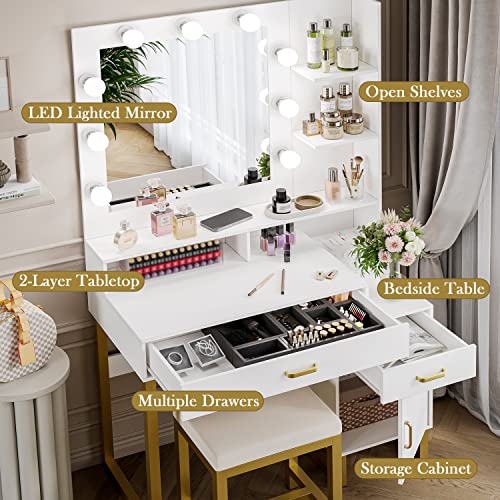 Xilingol Vanity Desk with Mirror & Lights, 37" Vanity Set with Mirror and Stool, Modern Makeup Table W/ 2 Drawers & Cabinet, Vanity for Makeup Room, Bedroom, White