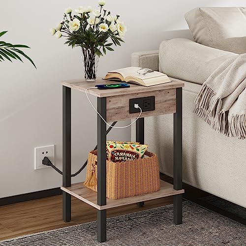 VIMBER Beside Table with Charging Station, Narrow Side Table with USB Ports and Outlets, Nightstands with 2-Tier Storage Shelves, End Table for Small Space Living Room Bedroom, Greige