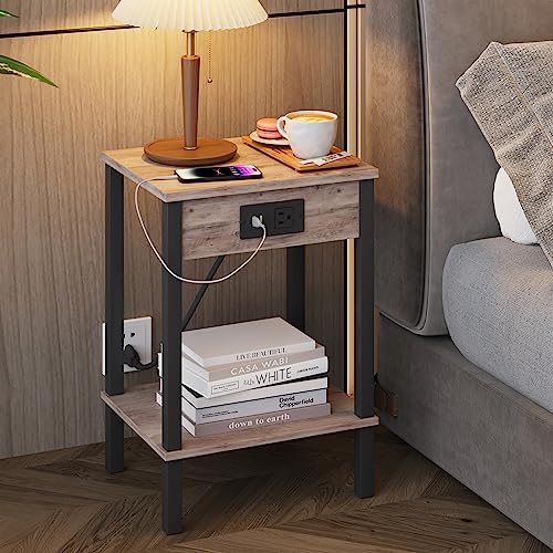 VIMBER Beside Table with Charging Station, Narrow Side Table with USB Ports and Outlets, Nightstands with 2-Tier Storage Shelves, End Table for Small Space Living Room Bedroom, Greige