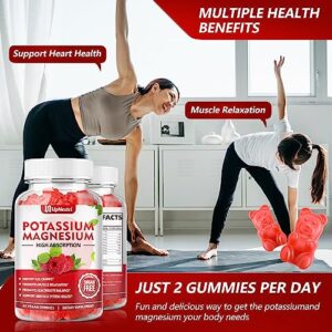 Potassium Magnesium Supplement Gummies for Adults Kids, Sugar-Free Potassium Citrate Gummies Supports Leg Cramps & Muscle & Heart Health, Vegan Magnesium Glycinate Gummies Raspberry Flavor 60 Cts