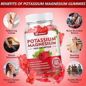 Potassium Magnesium Supplement Gummies for Adults Kids, Sugar-Free Potassium Citrate Gummies Supports Leg Cramps & Muscle & Heart Health, Vegan Magnesium Glycinate Gummies Raspberry Flavor 60 Cts